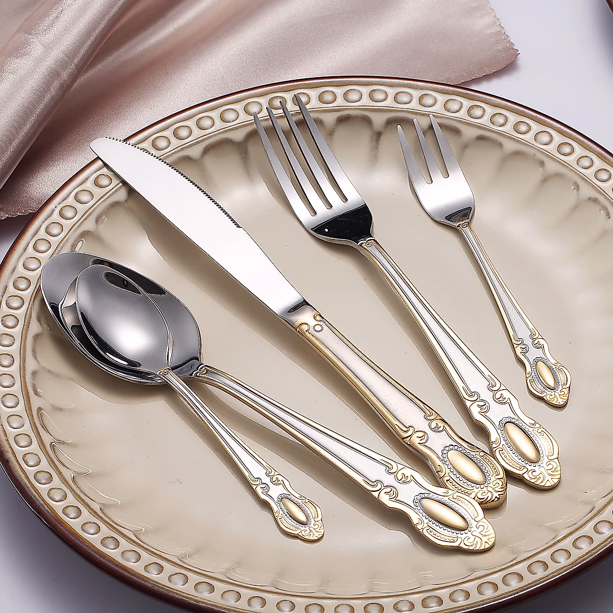 Copper Silverware Set, Flatware Cutlery Set, Stainless Steel Tableware Eating Utensils, Silverware Set for 4, Perfect for Wedding or Party, Mirror Finish Dishwasher Safe,Flower handle,rose gold 20pcs