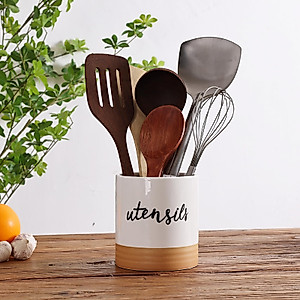 LEETOYI Ceramic Utensil Holder, Utensil Crock for Kitchen Counter, Farmhouse Kitchen Decor, Countertop Utensil Storage Caddy Organizer, Easy to Clean 4.5 inch, White