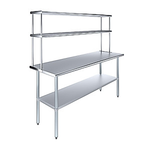 24" x 72" Stainless Steel Work Table with 12" Wide Double Tier Overshelf | Metal Kitchen Prep Table & Shelving Combo
