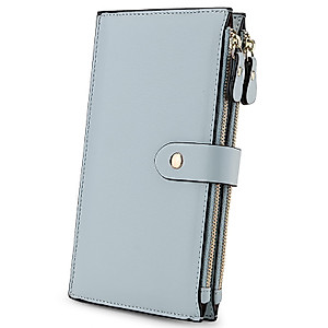 UTO Wallet for Women Leather Vegan 23 Slots Card Doulbe Zipper Pockets Large Phone Holder Organizer Light Blue