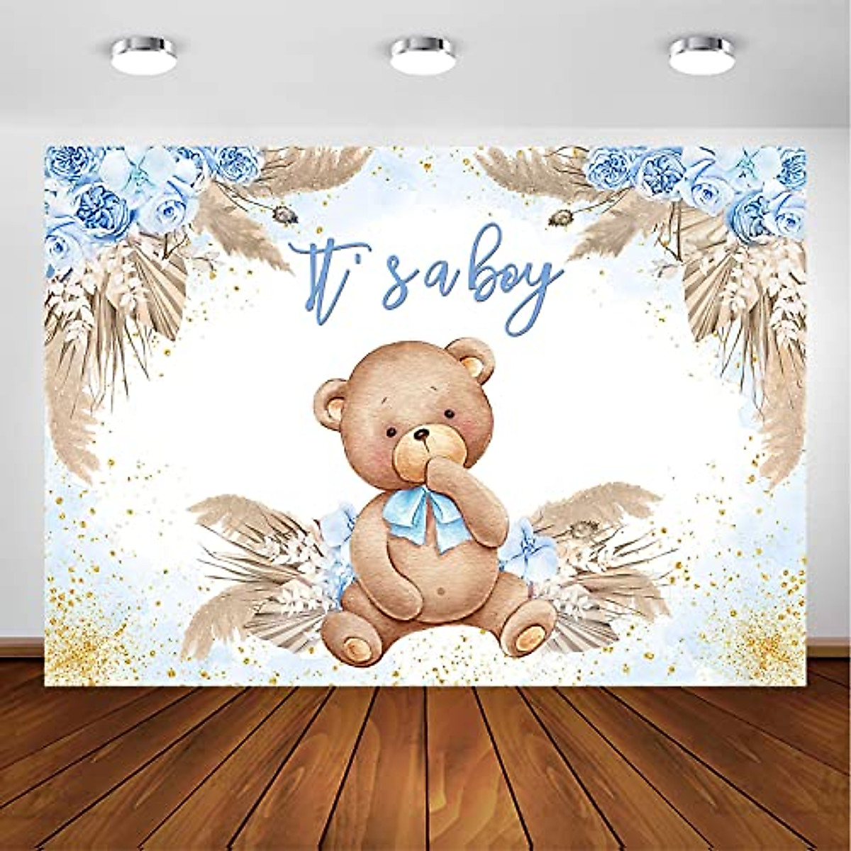 Avezano Boho Bear Baby Shower Backdrop for Boy's Party Decorations Blue Pampas Grass It's a Boy Baby Shower Photography Background Bohemian Bear Baby Shower Decorations Photoshoot (7x5ft)