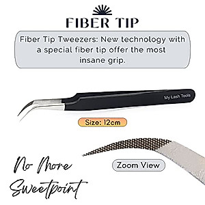 Cross Edge Corporation My Lash Tools Fiber Tip Eyelash Tweezers for Extensions Pro Volume, Isolation & Classic False Lashes Stainless Steel Straight and Curved Set (2 Pieces, 5) (CEC-TWEEZERSSETSBLK)