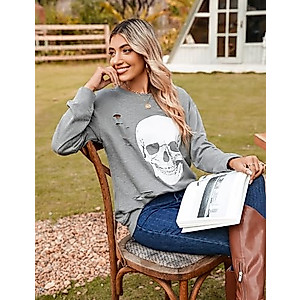 Blooming Jelly Women's Halloween Sweatshirts Skull Graphic T Shirts Long Sleeve Pullover Gothic Fall Trendy Outfits 2024 (Large, Grey)