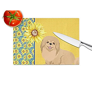 Caroline's Treasures WDK5454LCB Summer Sunflowers Gold Pekingese Glass Cutting Board Large Decorative Tempered Glass Kitchen Cutting and Serving Board Large Size Chopping Board