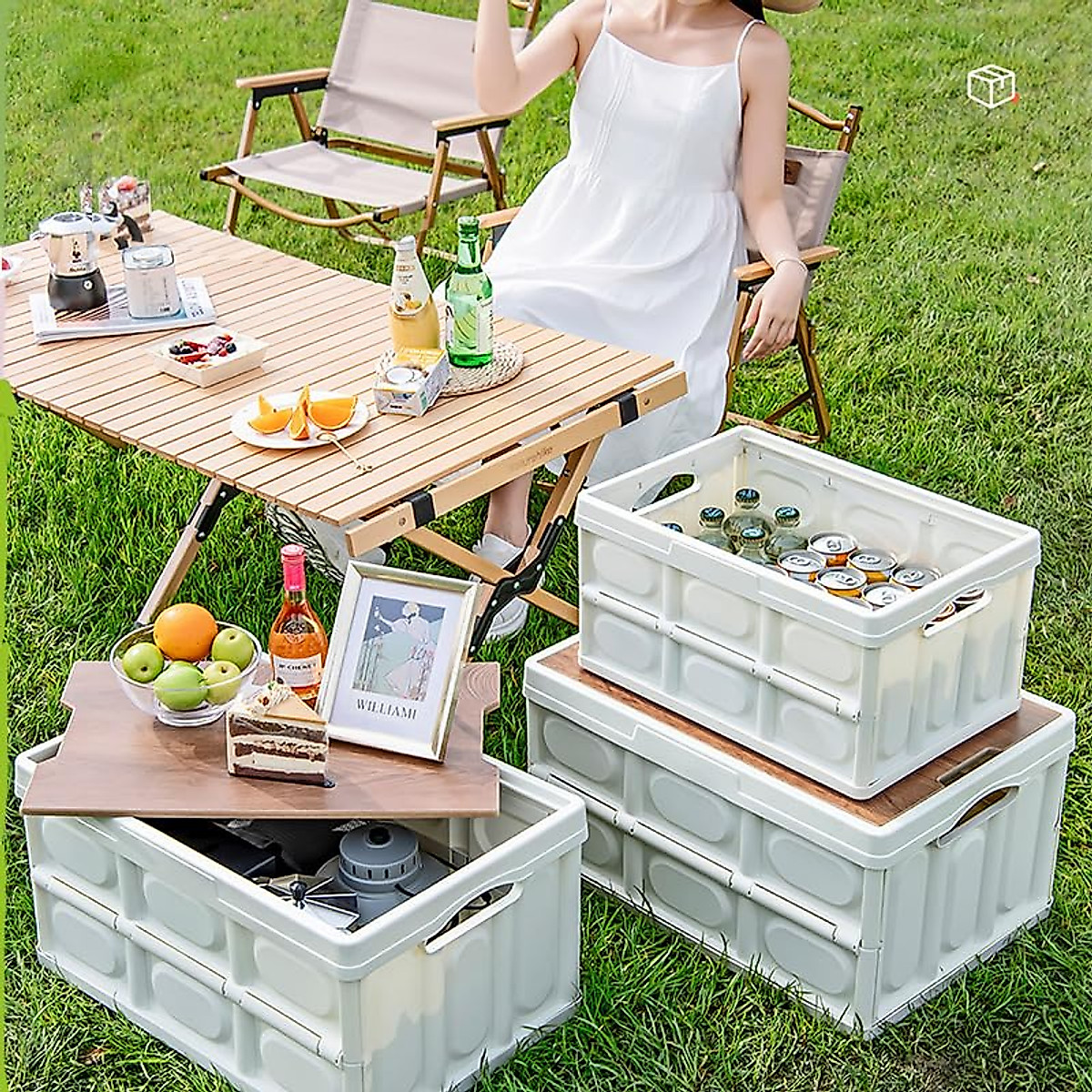 LYZOLICS Collapsible Storage Bin with Wooden Lid, Foldable&Stackable Storage Crate for Outdoor Car, Toys, Camping, Picnic, Indoor Home Room (30L-2pcs)