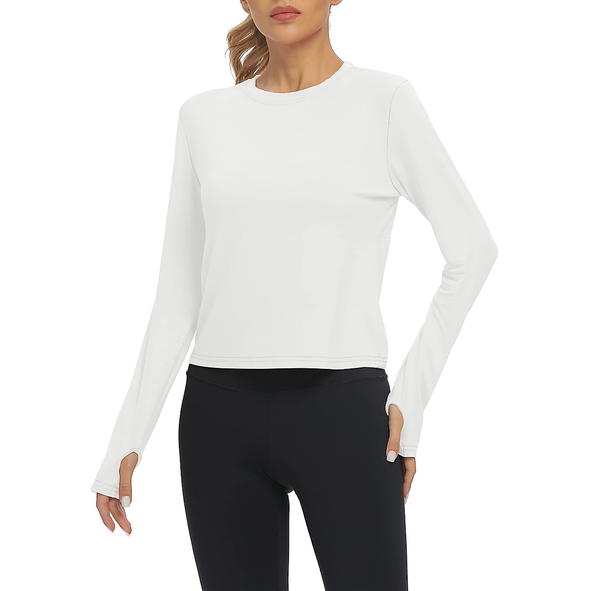 Bestisun Women's Workout Long Sleeve Athletic Wear Yoga Shirts Thumb Hole Sweatshirts Open Back Running Shirts Exercise Clothes White M