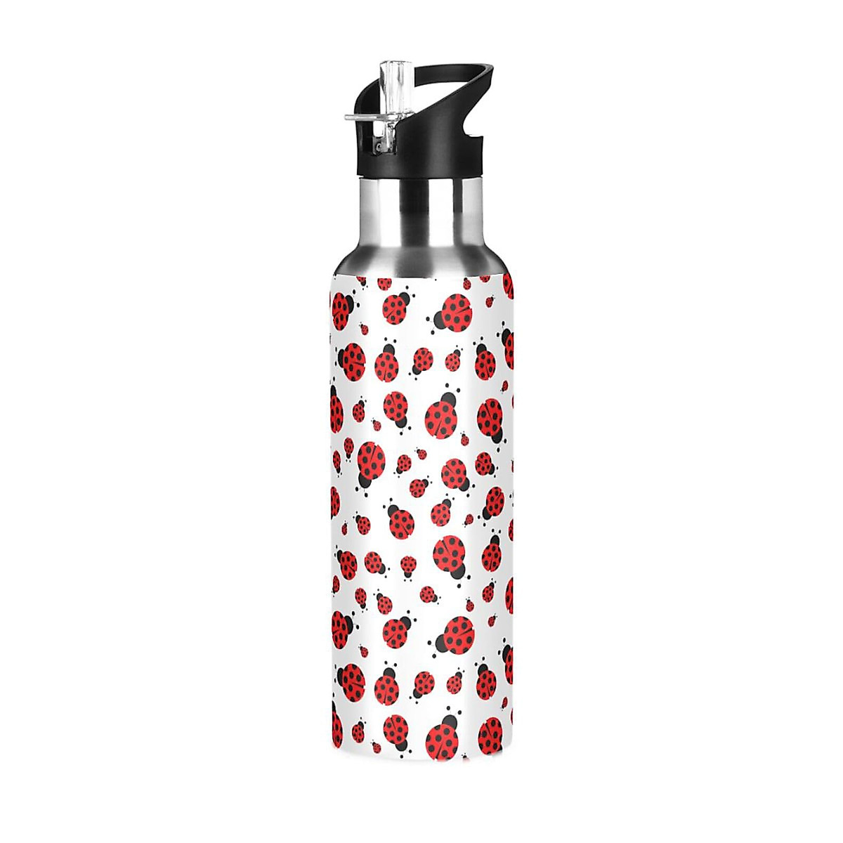 Ladybugs Pattern Insulated Water Bottle with Straw, Stainless Steel Sports Water Bottles, Double Wall Vacuum, Leakproof, BPA-Free 20 oz