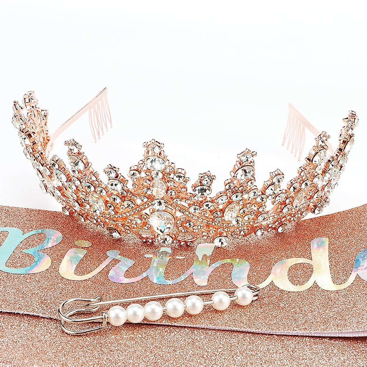 TOBATOBA It's My Birthday Sash Birthday Tiara and Crown for Women Girls Rose Gold Glitter Birthday Sash Crystal Princess Tiara Queen Crown Quinceanera Crown Birthday Decoration Birthday Gift