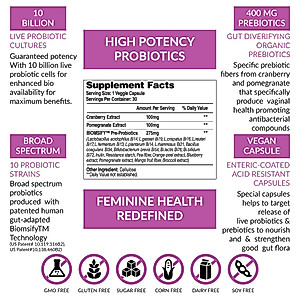 Biom Complete Feminine Balance Women's Daily Probiotics + Prebiotics with Organic Cranberry & Pomegranate with Lactobacillus crispatus, Gluten &, Dairy-Free. 30 Servings