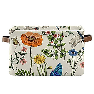 susiyo Large Foldable Storage Bin Beautiful Floral Fabric Storage Baskets Collapsible Decorative Baskets Organizing Basket Bin with PU Handles for Shelves Home Closet Bedroom Living Room-1Pack