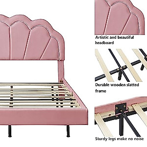 Full Size Upholstered Smart LED Bed with Elegant Flowers Headboard, Floating Velvet Upholstered Bed with Wooden Slats Support, Upholstered Smart LED Bed Frame for Kids Teens Boys Girls (Pink-ZC8S)