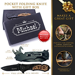 My Personal Memories Engraved Personalized Wood Handle Rescue Pocket Knife - Father's Day Groomsmen Gifts - All Black Knife