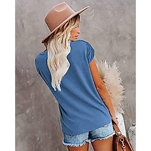 MixShe Womens Tops Puff Short Sleeve Shirts Summer Clothes V Neck Tshirts Spring Ladies Tunics Dressy Casual Blouses Trendy Fashion Tees 2023 Blue X-Large