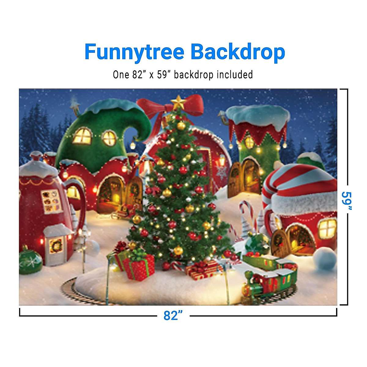 Funnytree 7x5FT Cartoon Christmas Village Photography Backdrop Winter Snow Pine Tree Background Xmas Fairy Tale Animated Kid Party Photo Booth Banner Supplies