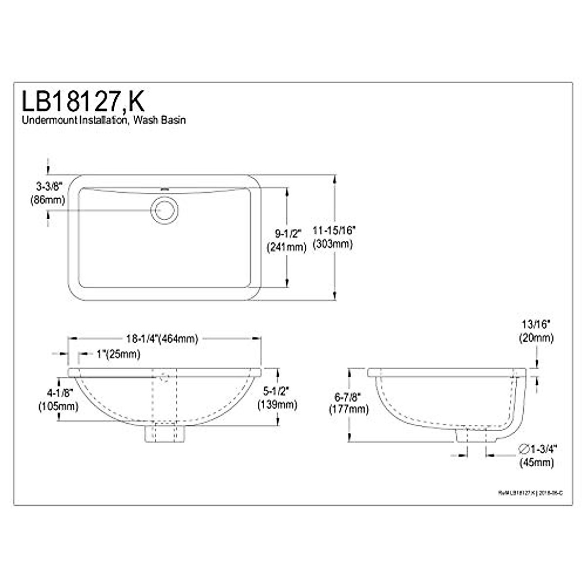 Elements of Design Kingston Brass LB18127 Fauceture Courtyard Undermount Bathroom Sink with Overflow, 18.25 x 11.94 x 6.88, White