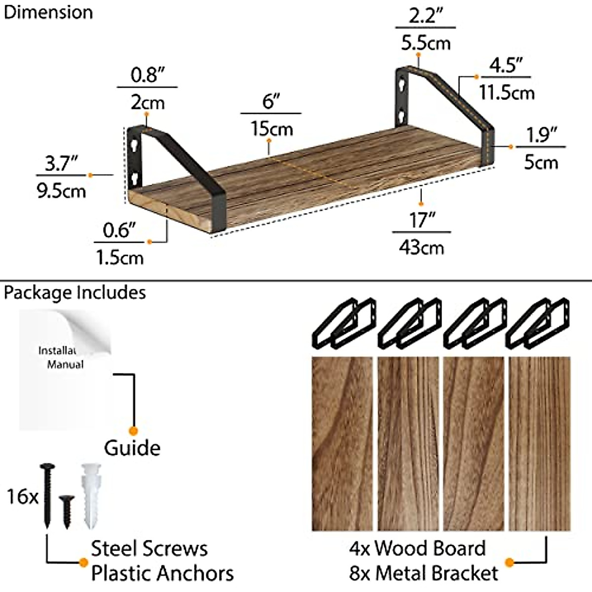 Wallniture Braga Floating Shelves for Wall Decor, Bookshelf Living Room Decor, Bathroom Organizer & Wall Shelves, Kitchen Organization, Burnt Finish Set of 4