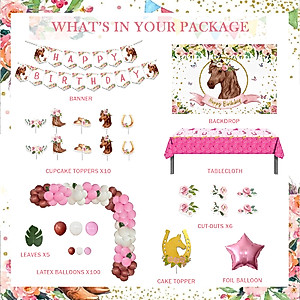 Hombae Horse Party Decorations for Girl, Horse Themed Birthday Backdrop Balloon Garland Artificial Leaves Cutout Happy Birthday Banner Tablecloth Cake Cupcake Topper Floral Horse Pink 126 PCs
