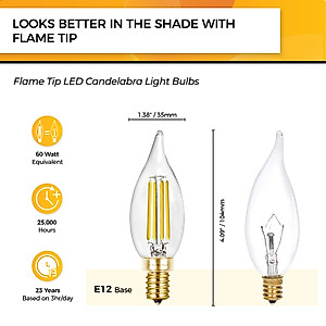 Hizashi E12 Candelabra Bulb 60 watt 5000K Daylight White, Dimmable E12 LED Bulb, 90+ CRI 6W 550LM, CA11 Flame Tip LED Chandelier Light Bulbs Candelabra Base, UL Listed - 12 Pack