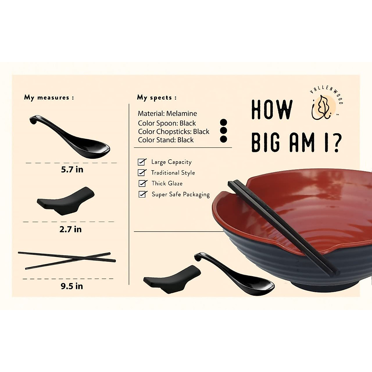 12 Pieces Ramen Set: 4 Black Spoons, 4 Chopsticks And 4 Stand rest. Asian Soup Spoons. Unbreakable Melamine Made. Perfect For Japanese And Chinese Food: Ramen, Wonton, Sushi, Miso, Rice, Pho Soup.