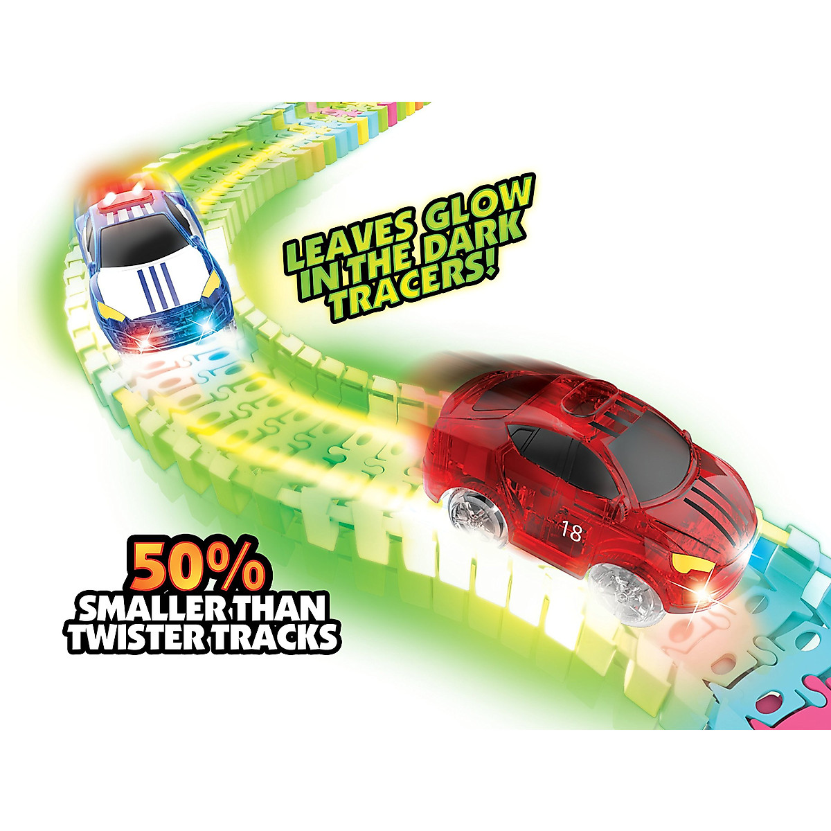 Mindscope Twister Tracks Micro Neon Glow in The Dark 11 feet Flexible Assembly Track Emergency Series Rechargeable car