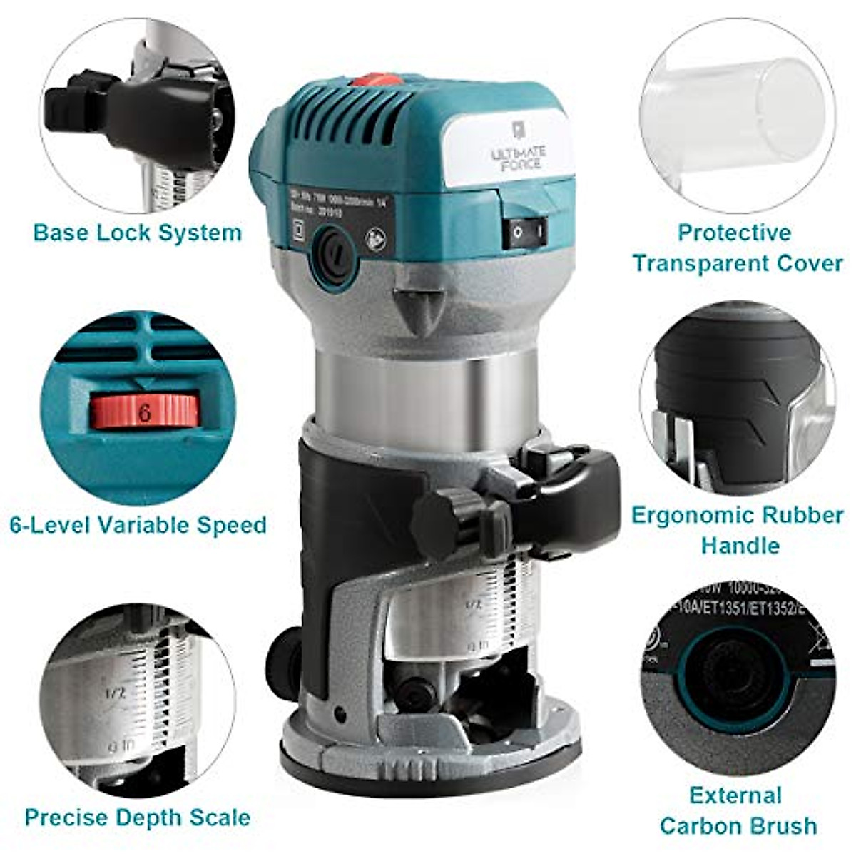 Goplus Wood Router with Fixed Base, 6.5-Amp 1.25 HP Compact Router with 1/4" & 3/8" Collets, Variable Speed Palm Router for Woodworking and Furniture Manufacturing