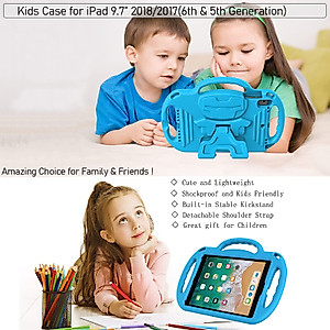 LTROP Kids Case for iPad 5th/6th Generation (2017/2018) & Air 2, Shoulder Strap Handle Stand Shockproof Bumper Cute Kid Case for iPad 9.7 Inch, Blue