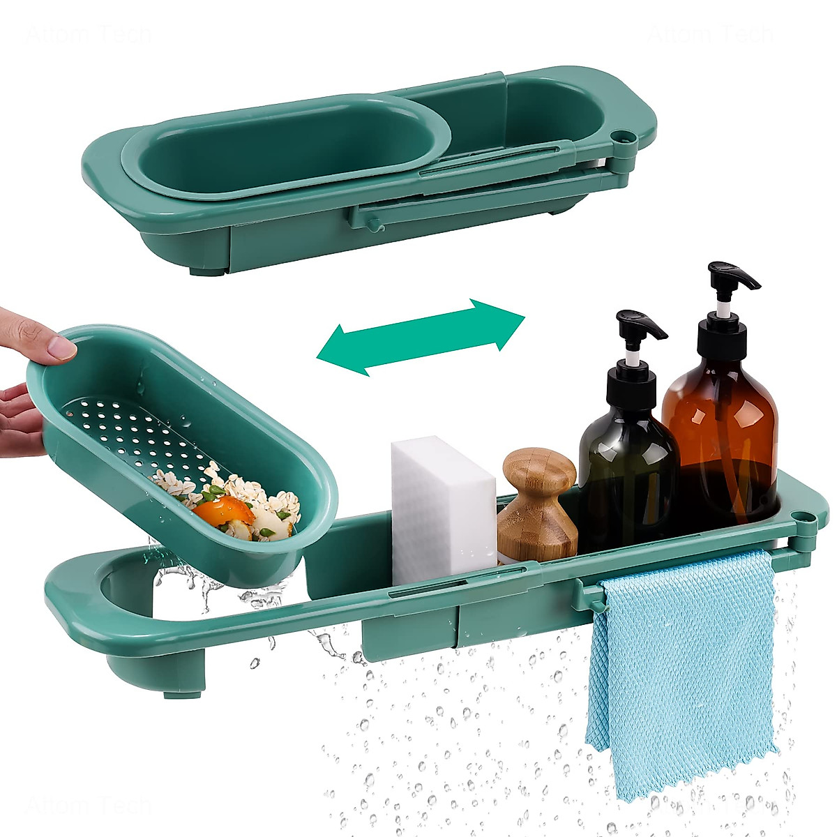 NiHome Telescopic Sink Caddy Adjustable Sponge Holder for Kitchen Sink Expandable Storage Drain Basket Sink Organizer Holder Dish Cloth Hanger for Home Kitchen (Green)