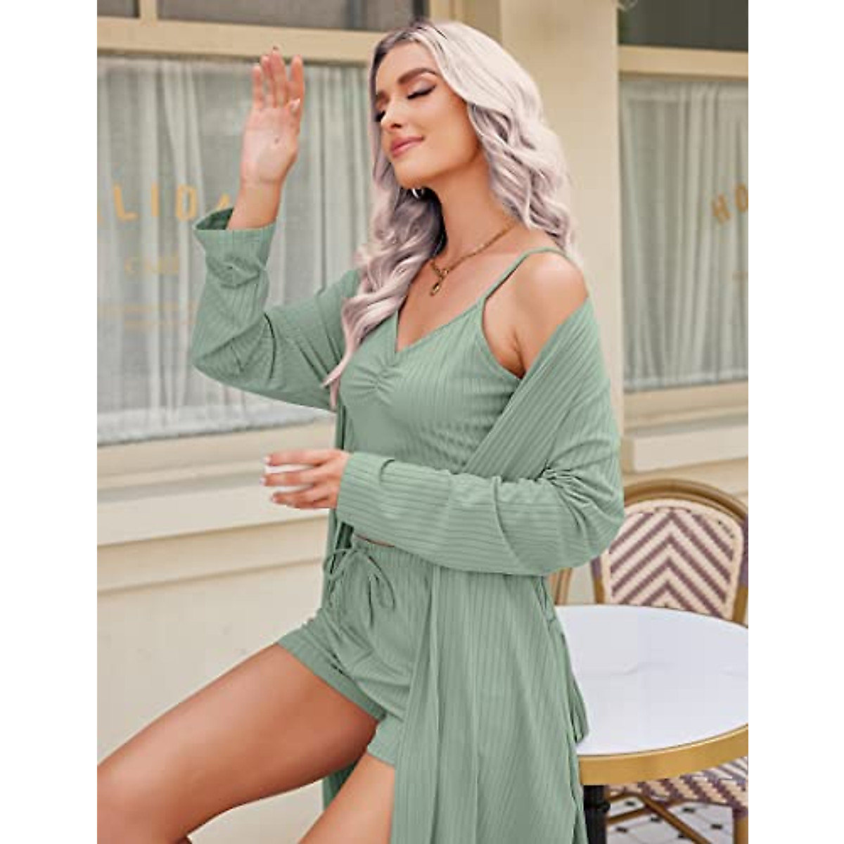Ekouaer 3 Piece Pajama Set Women Cami Pjs with Shorts and Long Sleeve Cardigan Knit Lounge Outfits Green