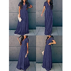 MEROKEETY Women's V Neck Short Sleeve Floral Lace Wedding Dress Bridesmaid Cocktail Party Maxi Dress Navy