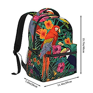 School Backpack Daypack Toucan Bird Parrot Tropical Plant School Bookbag College Laptop Backpack Casual Travel Bag Fashion Hiking Camping Daypack For Teens Women Men