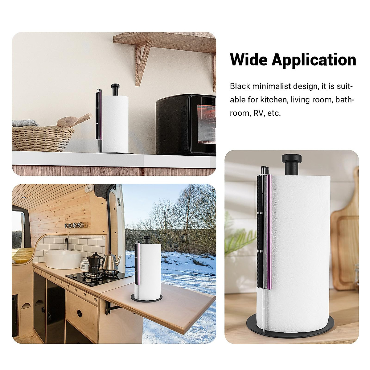 LOEFME Paper Towel Holder Stand, Easy One-Handed Tear Paper Towel Holder Countertop with Suction Cups, Stainless Steel Paper Towel Rack for Kitchen and Dining Room Table, Black