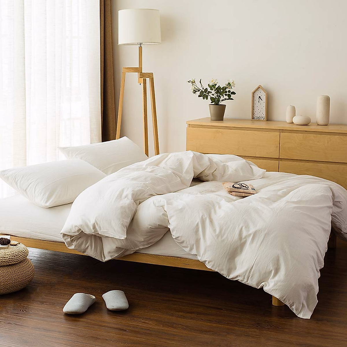 EMME White Cotton Duvet Cover Queen Size 3-Piece Set Soft Cotton Bedding Comforter Cover Full Size with 2 Pillow Shams Solid Color (White, Full/Queen)