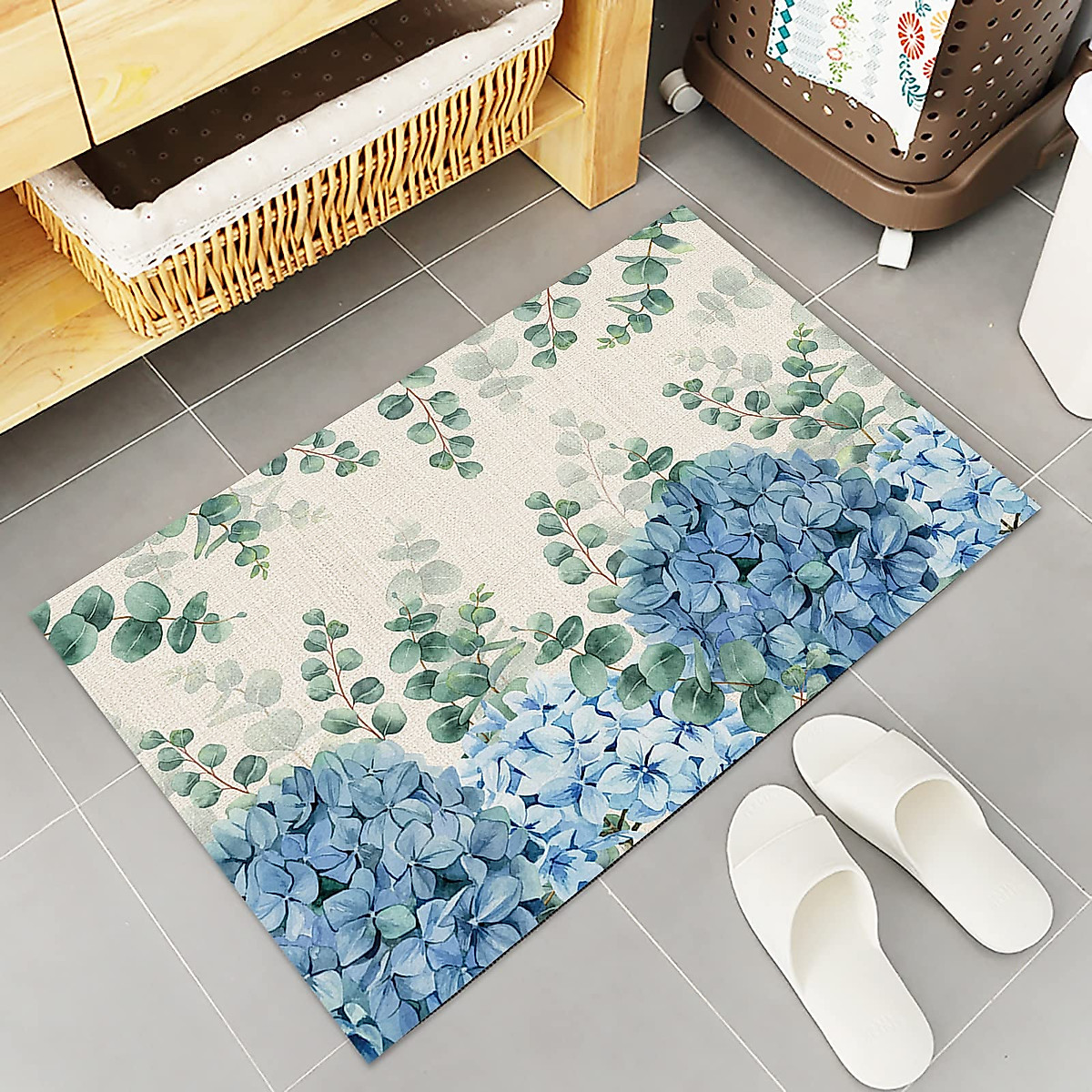 Kitchen Mat Set of 2, Farmhouse Eucalyptus Blue Hydrangea Plants Linen Kitchen Rugs Non-Slip Floor Mat Durable Washable Runner Doormat for Kitchen Office Laundry 19.7'' x 31.5'' + 19.7'' x 63''