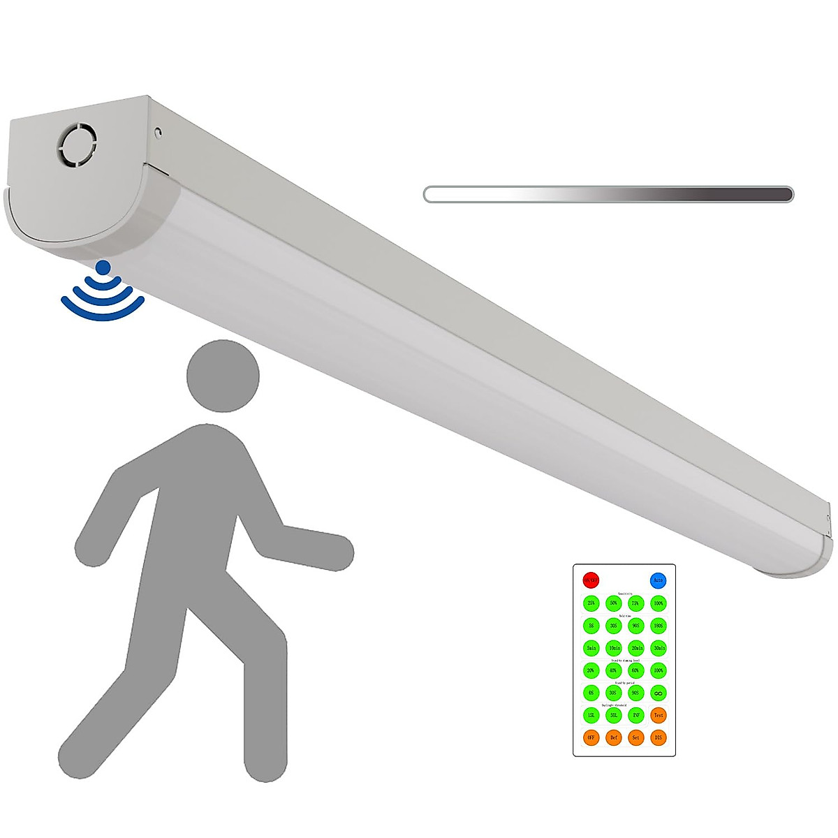 4FT Tri-Level Motion Sensor LED Linear Strip Stairwell Light with Remote, 2 Watt Selectable 20W/40W 2500lm/5000lm, 5000K, 100-277V, IP20, Dimmable 4 Foot Commercial LED Shop Ceiling Light Fixture, FCC