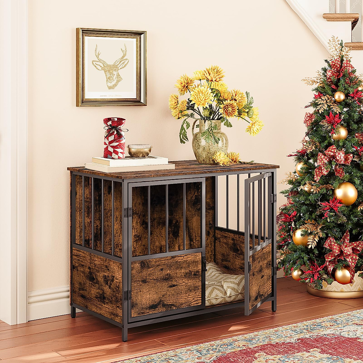 MAHANCRIS Dog Crate Furniture, 31.5 Inch Dog Kennel with Double-Door, Wooden Heavy Duty Dog Cage for Small Medium Dogs, Indoor Dog House End Table, Chew-Resistant, Rustic Brown DCHR0501Z