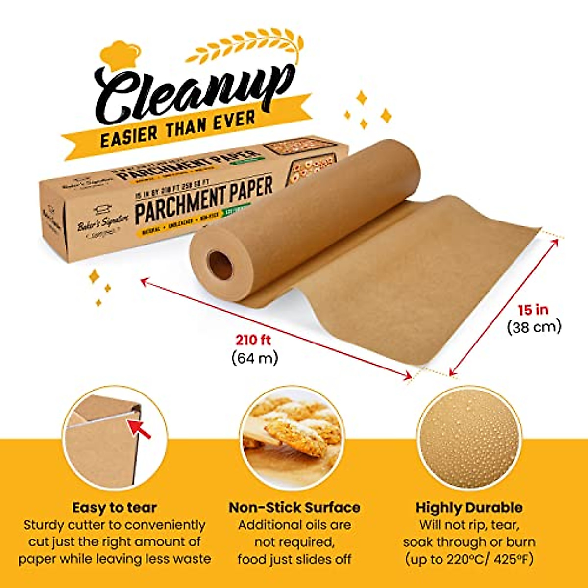 Unbleached Parchment Paper Roll 15 in x 210 ft 260 Sq.Ft Paper Baking Paper by Baker’s Signature | Silicone Coated – Will not Soak Through or Burn – Non-Toxic & Comes in Convenient Packaging