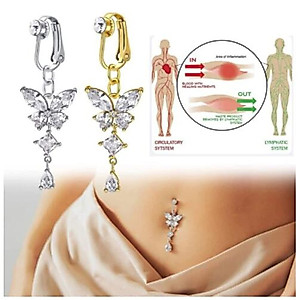 Fake Belly Ring,Fake Belly Piercing,Clip On Belly Button Rings,Non Piercing Fake Belly Butterfly Zircon Body Jewelry Ring Navel Button Rings (Gold+Silver)