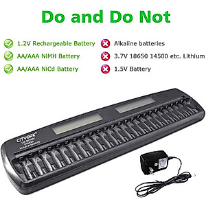CITYORK 24 Bays Large Smart Battery Charger LCD Display Quick for 1.2V AA/AAA NiMH/NiCd Rechargeable Batteries with Built-in IC Protection & AC Wall Adapter