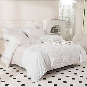 JELLYMONI White Duvet Cover Queen Size - 3 Pieces White Boho Grid Textured Bedding Cover Soft Lightweight Comforter Cover with Zipper Closure & 8 Corner Ties (Nature White,Queen)
