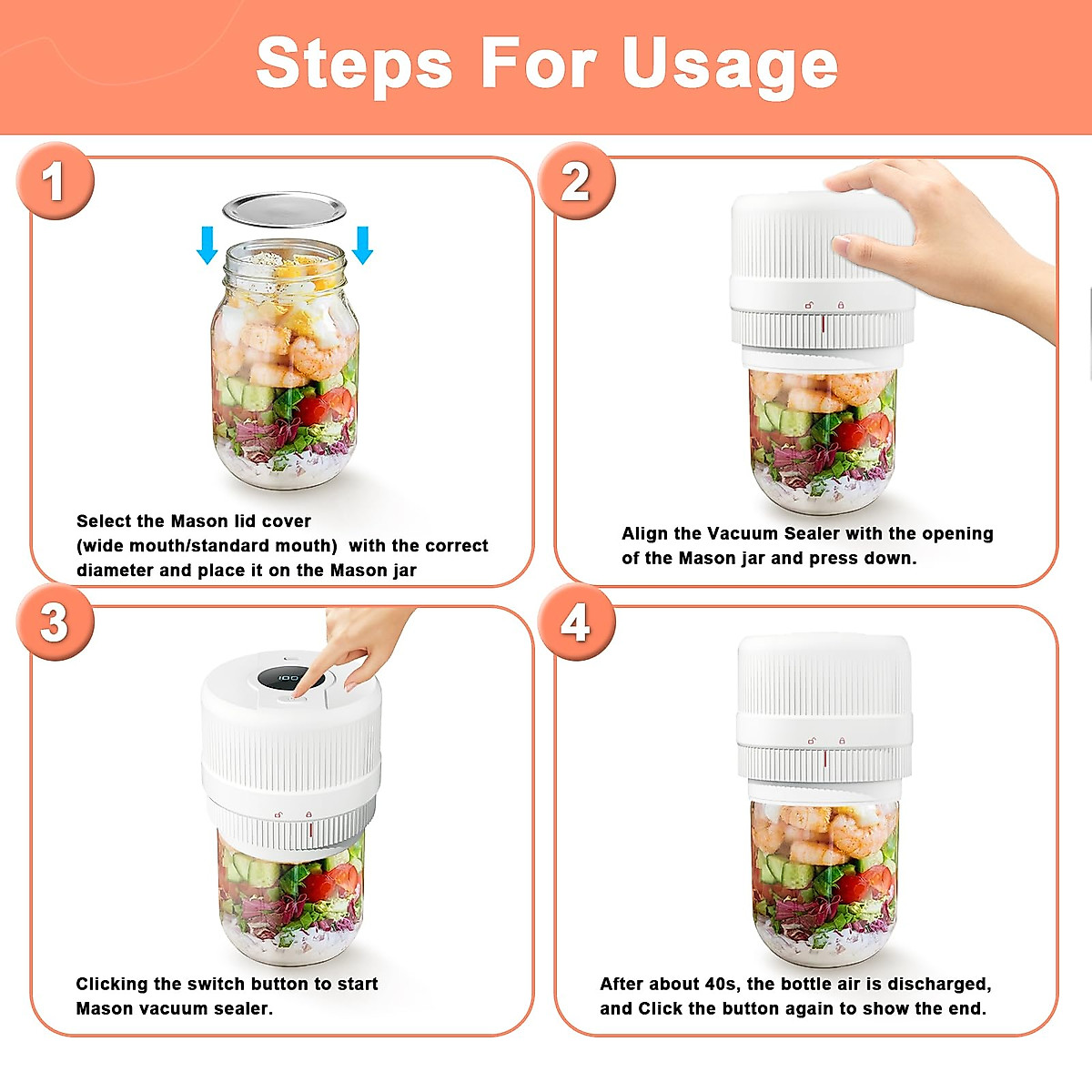 Electric Mason Jar Vacuum Sealer-Mason Jar Vacuum Sealer Kit for Food Storage Compatible Wide & Regular Mouth Mason lids- Canning Vacuum Sealer Mason Jar with LED Display -White