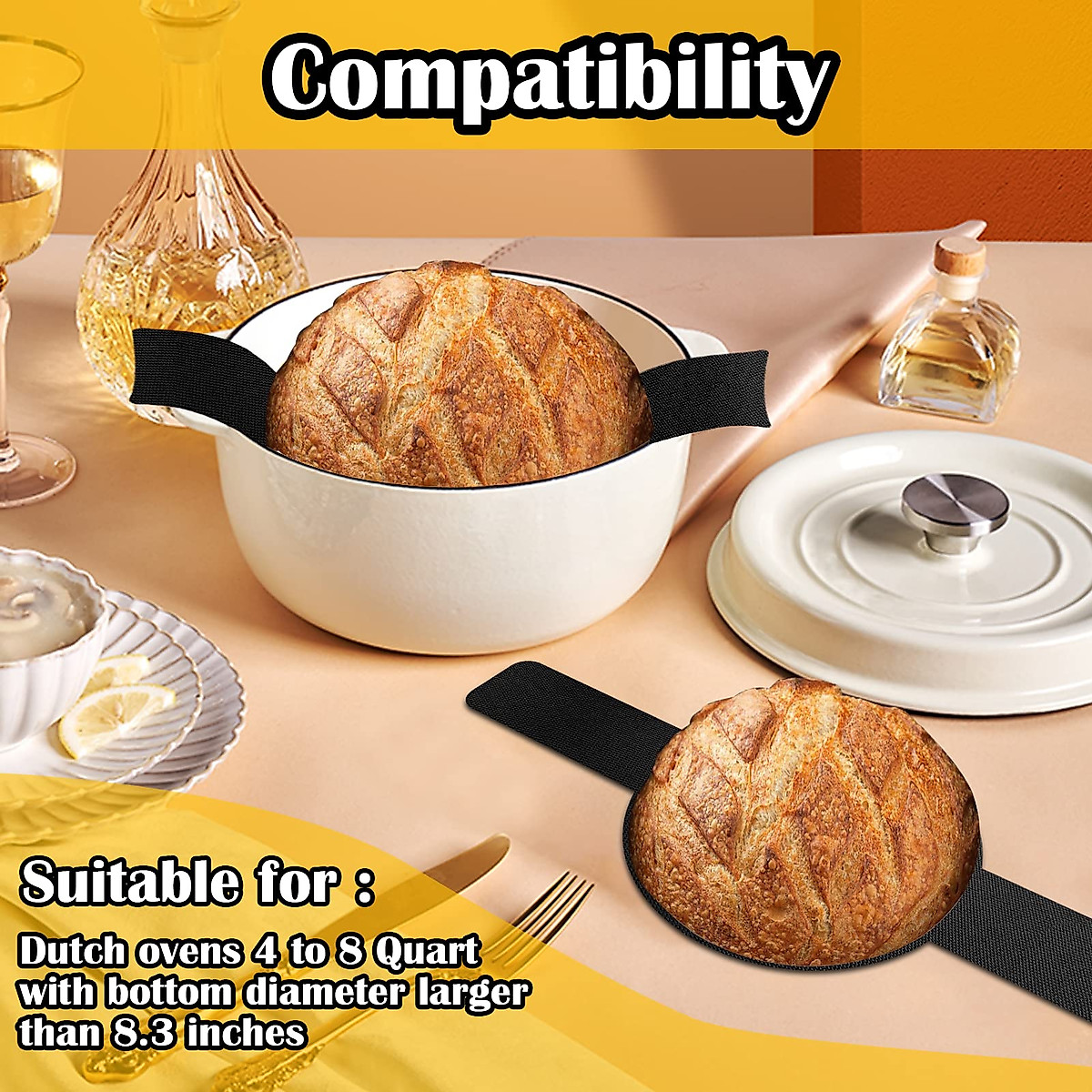 AIERSA 2Pcs Baking Mat for Dutch Oven Bread Baking, Reusable Non-stick Bread Sling, 6.3In Long Handle for Easy Transfer of Sourdough,Bread Making Tools and Supplies,Alternative to Silicone Baking Mat