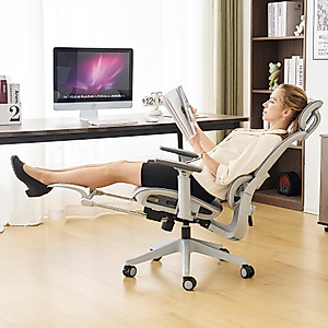 Gzagdecr Ergonomic Office Chair, High Back Gaming Chair with Footrest,Big and Tall Home Office Desk Chair,Mesh Computer Chair with Adjustable Lumbar Support,3D Armrests,Reclining(White-Gray)