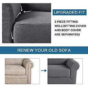 H.VERSAILTEX High Stretch Rich Jacquard 2-Piece Loveseat Slipcover/Furniture Covers for Loveseat with Elastic Bottom, Suit for T Cushion/Box Cushion Spandex Jacquard Fabric, Charcoal Gray