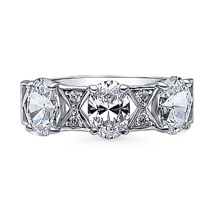 BERRICLE Sterling Silver 3-Stone Oval Cut Cubic Zirconia CZ Statement Art Deco Fashion Ring for Women, Rhodium Plated Size 9.5