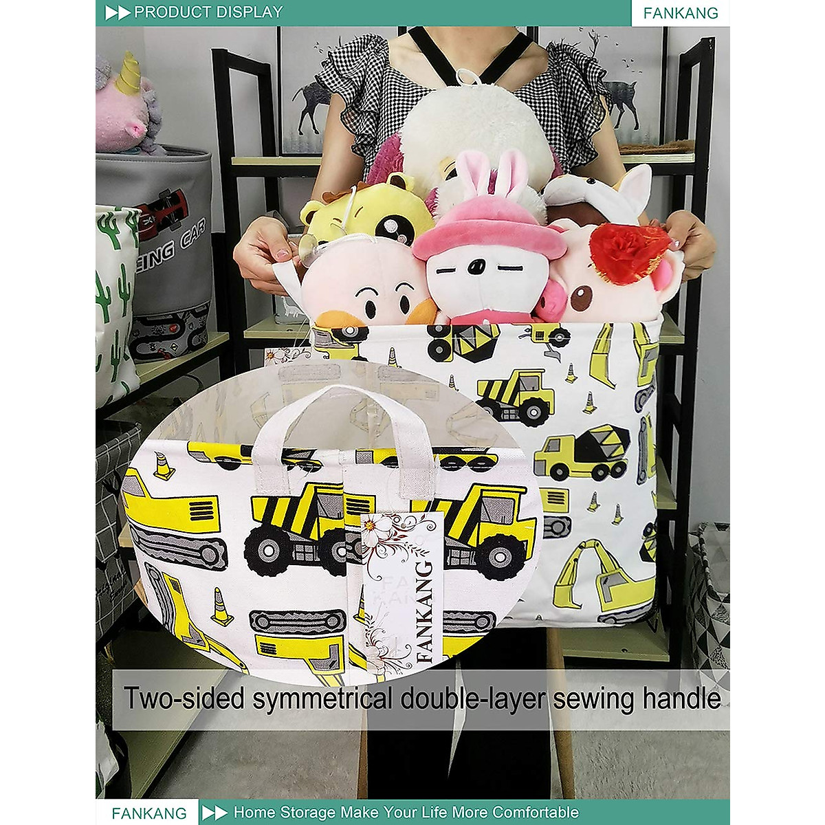 FANKANG Square Nursery Hamper Storage Bins Canvas Laundry Basket Foldable with Waterproof PE Coating Large Storage Baskets Gift Baskets for Children, Office, Bedroom, Clothes,Toys (square engineering)