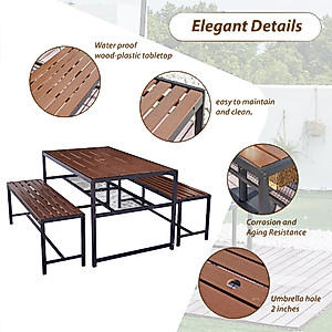 Outdoor Dining Set Picnic Table and Benches with 2" Umbrella Hole and Storage Shelf, Plywood Patio Dining Sets for 4-6 People, All-Weather Picnic Set for Garden Backyard Poolside - Brown