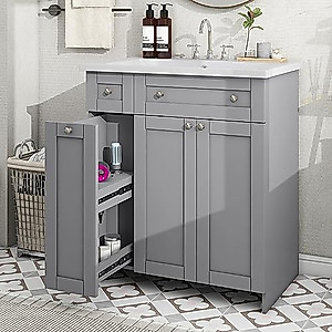 P PURLOVE 30" Bathroom Vanity with Single Sink and Soft Close Doors, Modern Bathroom Cabinet with Adjustable Storage Shelf and Drawers, Solid Wood Frame, Grey