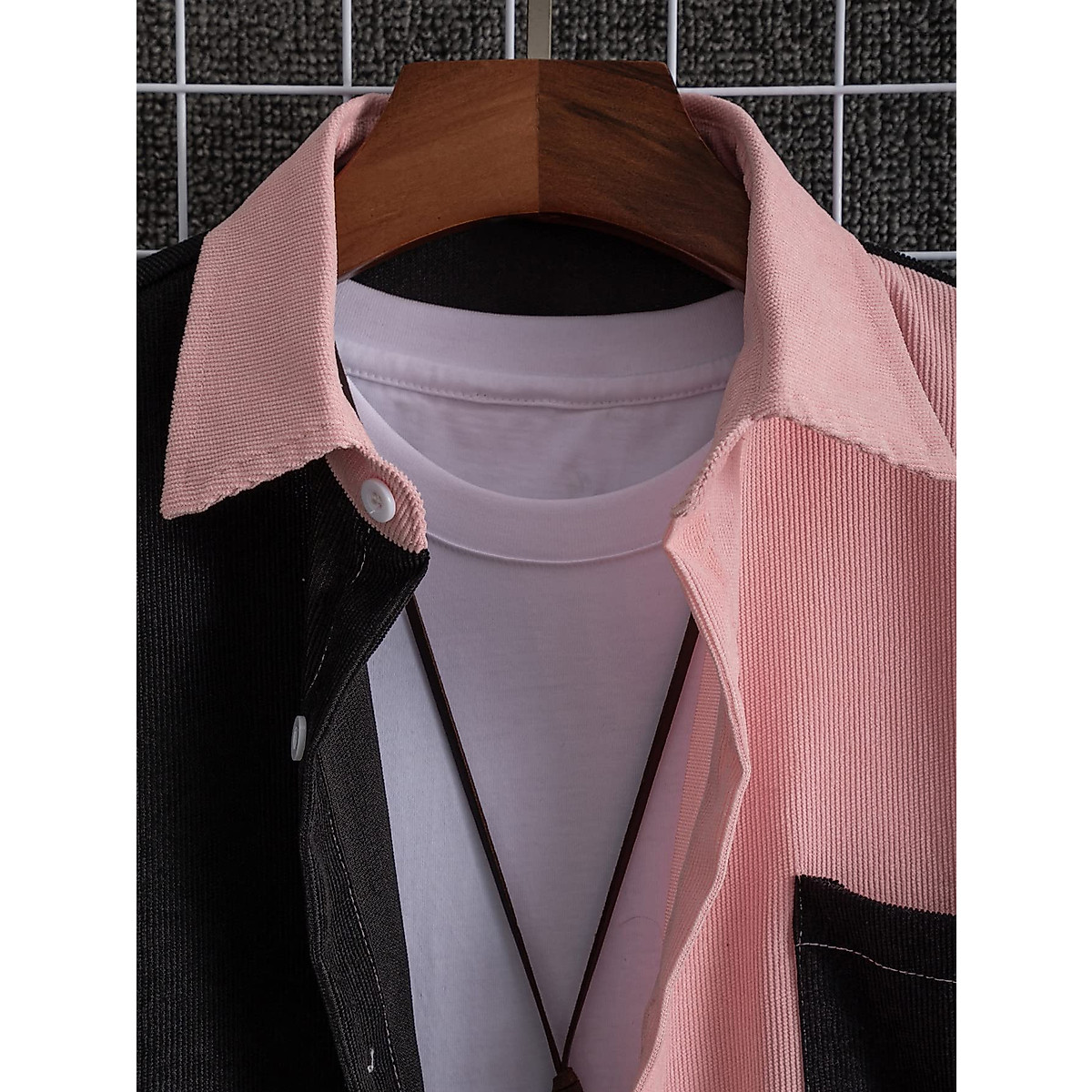 Milumia Men's Casual Button Up Shirt Pocket Short Sleeve Colorblock Blouse Tops Pink and Black Large