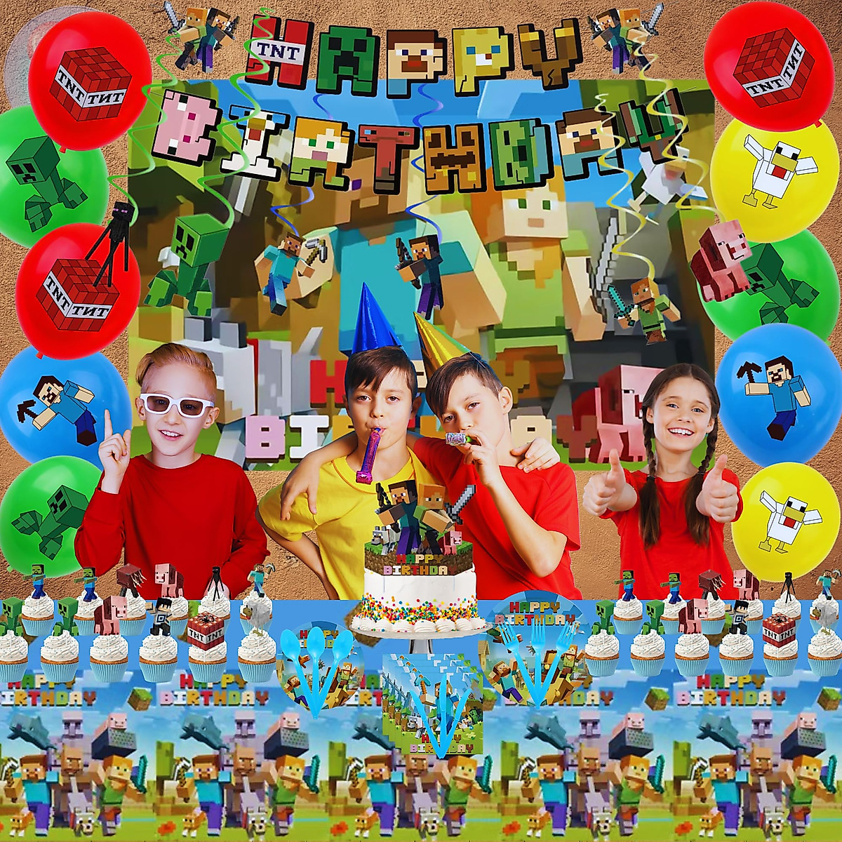 HUG-CHUMS Game Birthday Decorations Party Supplies for Boys & Girls - Happy Banner Backdrop Tableware Set Tablecloth Cake Topper Cupcake Toppers Latex Balloons Hanging Swirls - Christmas Stuff