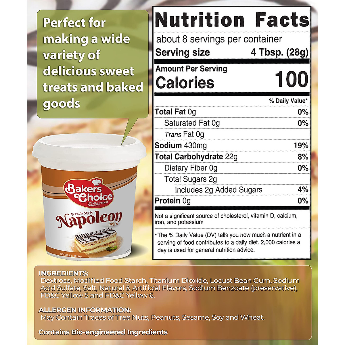 French Vanilla Pudding Mix - French Napoleon Custard Powder - Make Custard Creams For French Napoleon Cake, Custard Cups, Mousse Cake, and Desserts - Dairy Free, Kosher - 8 oz. - By Baker’s Choice